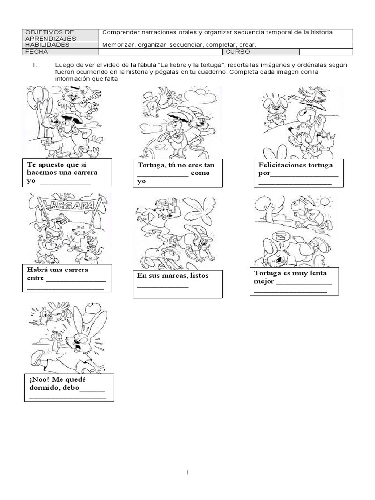 Ordenando los eventos de la fábula "La liebre y la tortuga | PDF