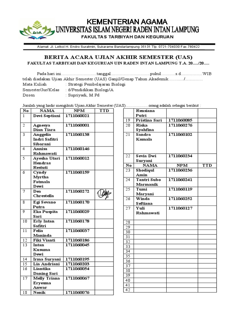 Berita Acara UAS Bio A17-3-2-2 | PDF