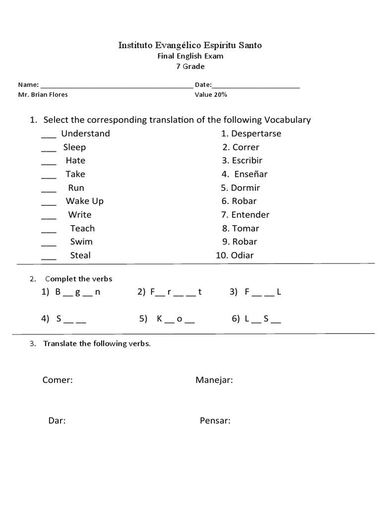 Final English Exam 7 Grade | PDF