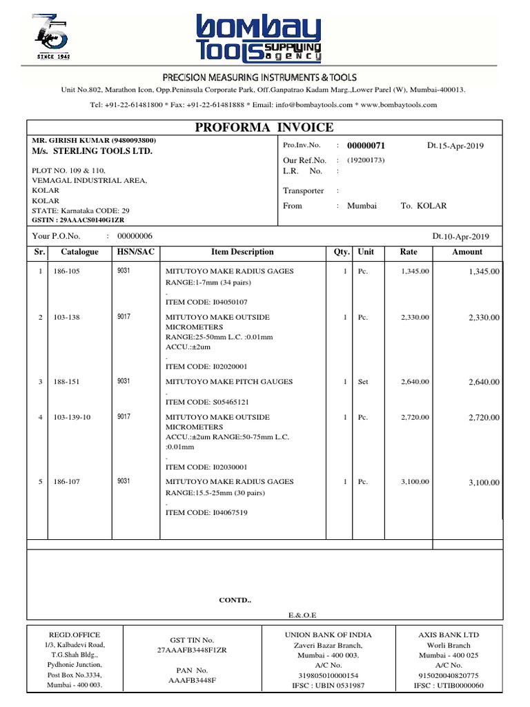 Proforma Invoice: 15-Apr-2019 Dt. Our Ref - No | PDF | Tools | Business