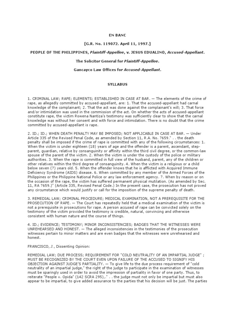 The People of the Philippines v. Jesus Edualino: A Case of Rape and the ...