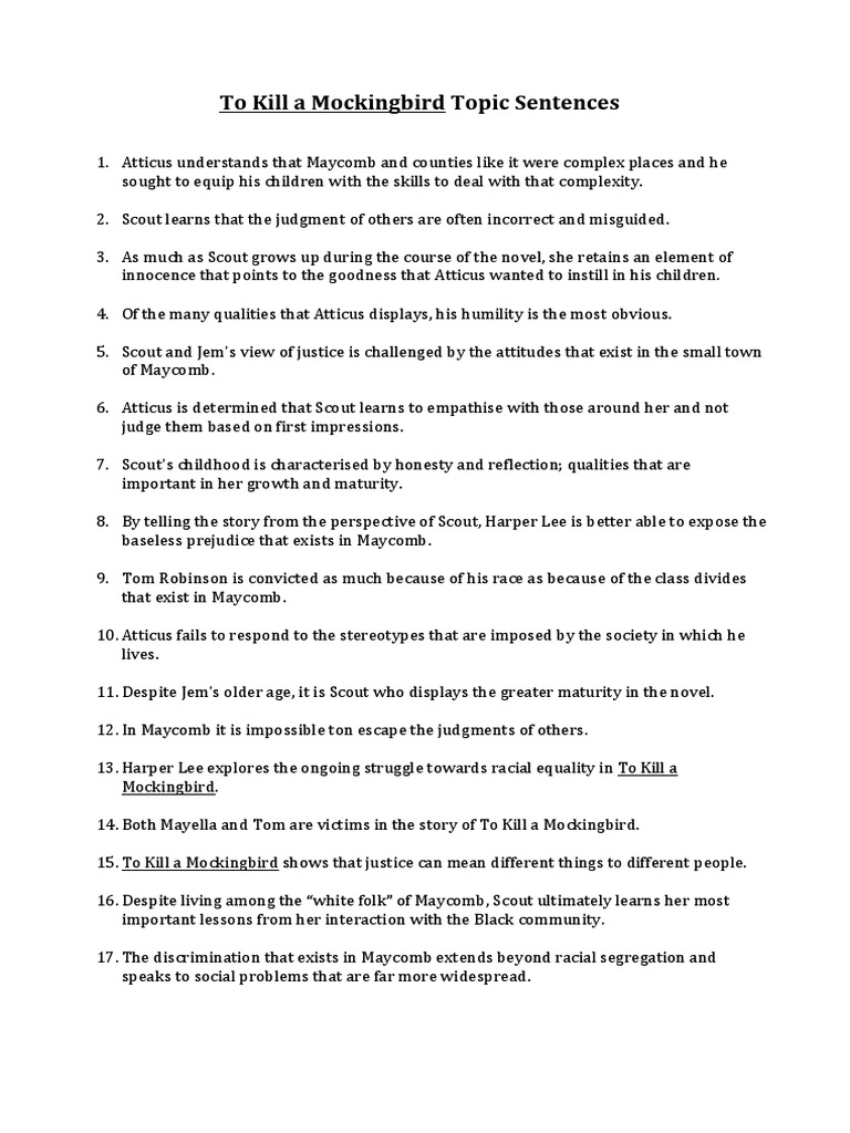 To Kill A Mockingbird Topic Sentences | PDF