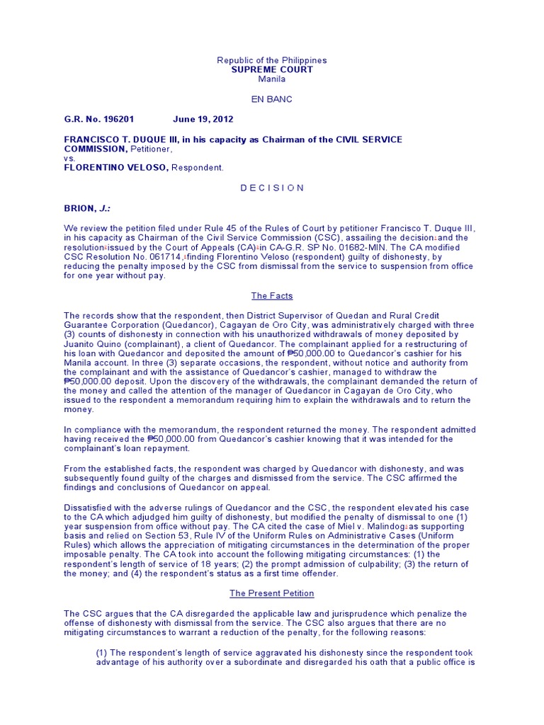 Dishonest Acts of a Government Official Warrant Dismissal from Service ...