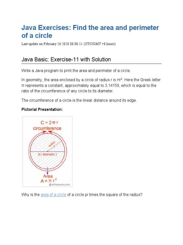 Java Exercises: Find The Area and Perimeter of A Circle: Java Basic: Exercise-11 With Solution | PDF