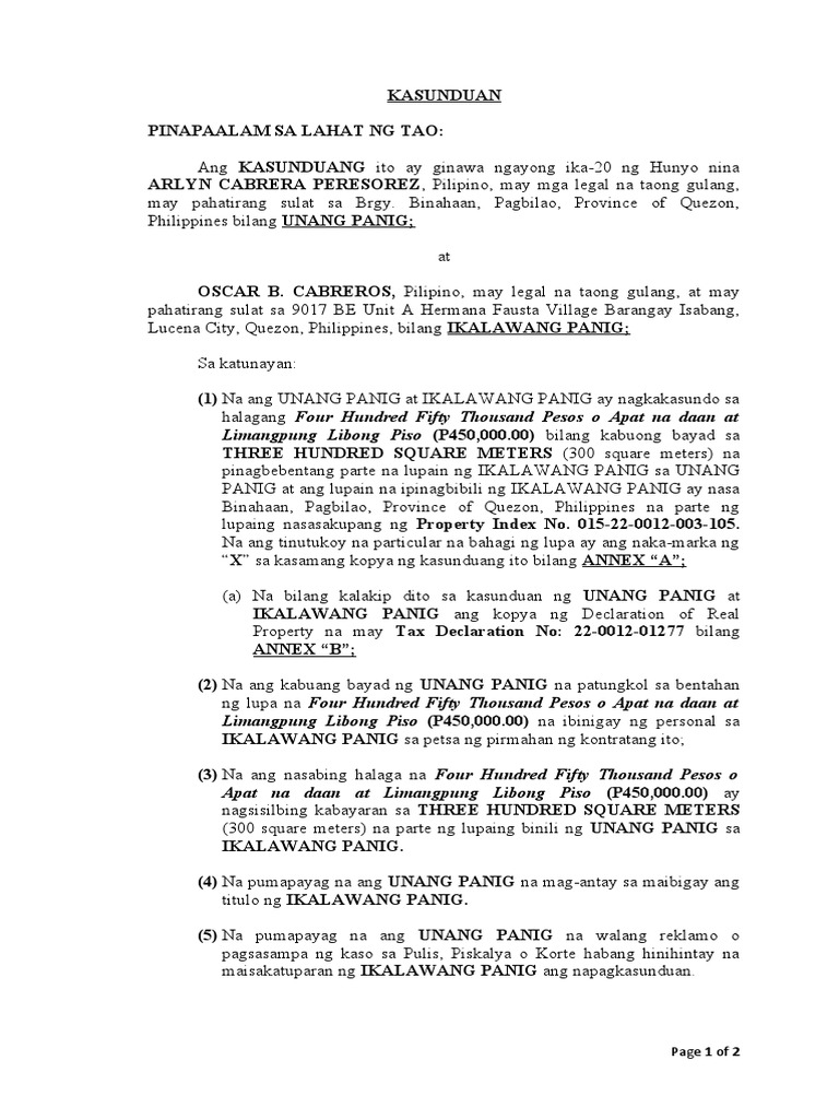 KASUNDUAN Pagbebenta NG Lupa | PDF