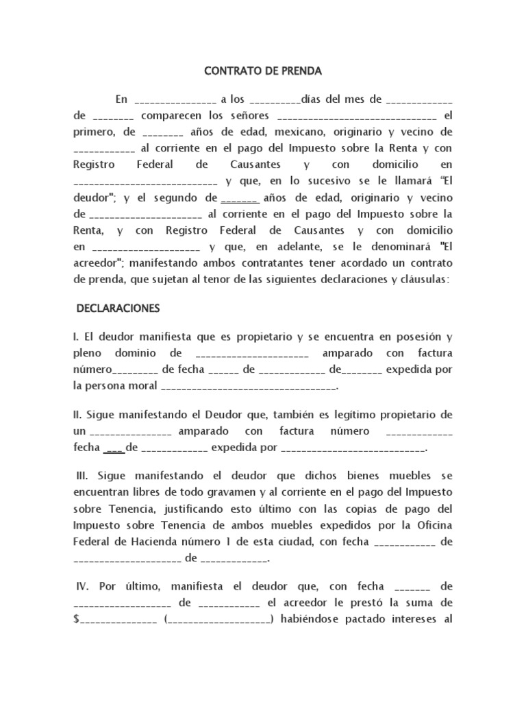 Contrato de Prenda: Cláusulas y Garantías | PDF | Pagos | Información ...
