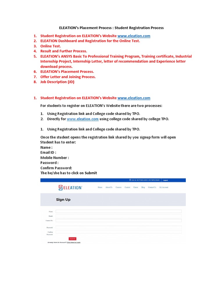 ELEATION's Placement Process - Student Registration Process PDF | PDF | Payments | Educational ...