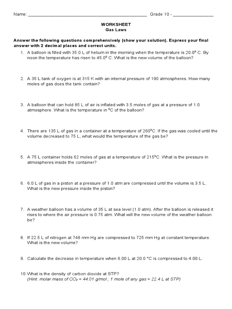 GAS LAWS - Worksheet | PDF