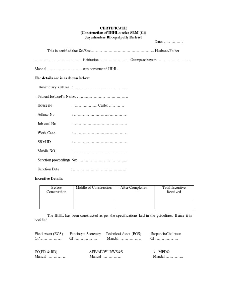IHHL Construction Certificate Document | PDF