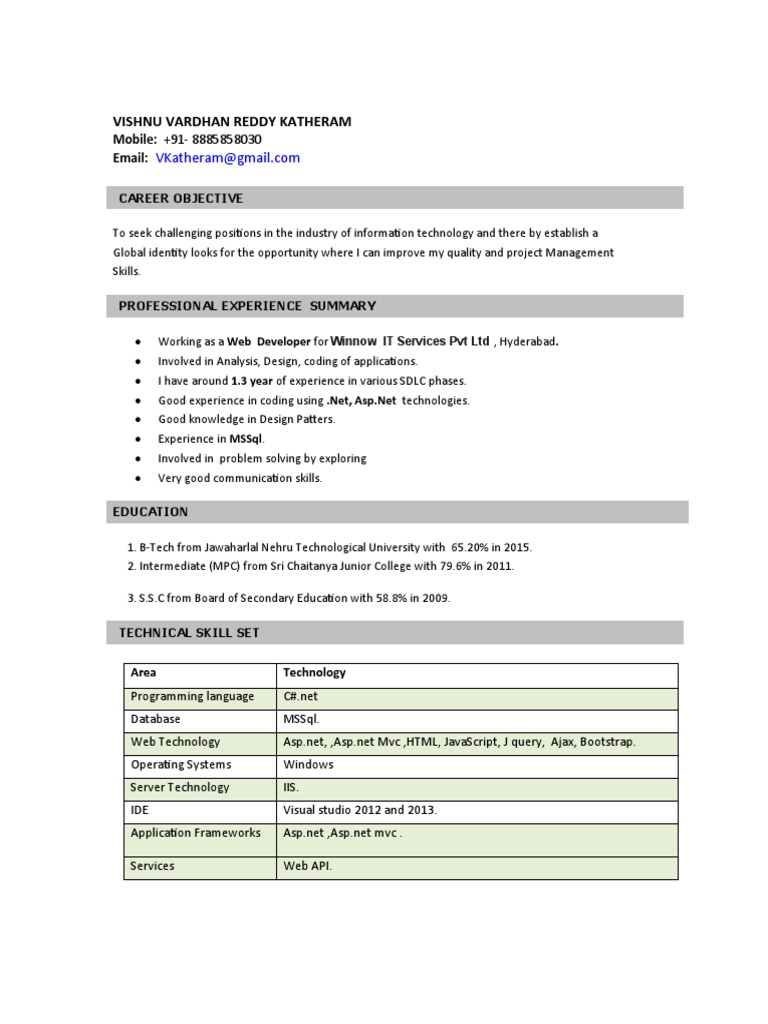 Vishnu Vardhan Reddy Katheram: Mobile: +91-8885858030 Email | PDF | Microsoft Sql Server | Ajax ...