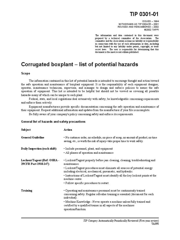 0301-01 Corrugated Boxplant List of Potential Hazards | PDF | Personal ...