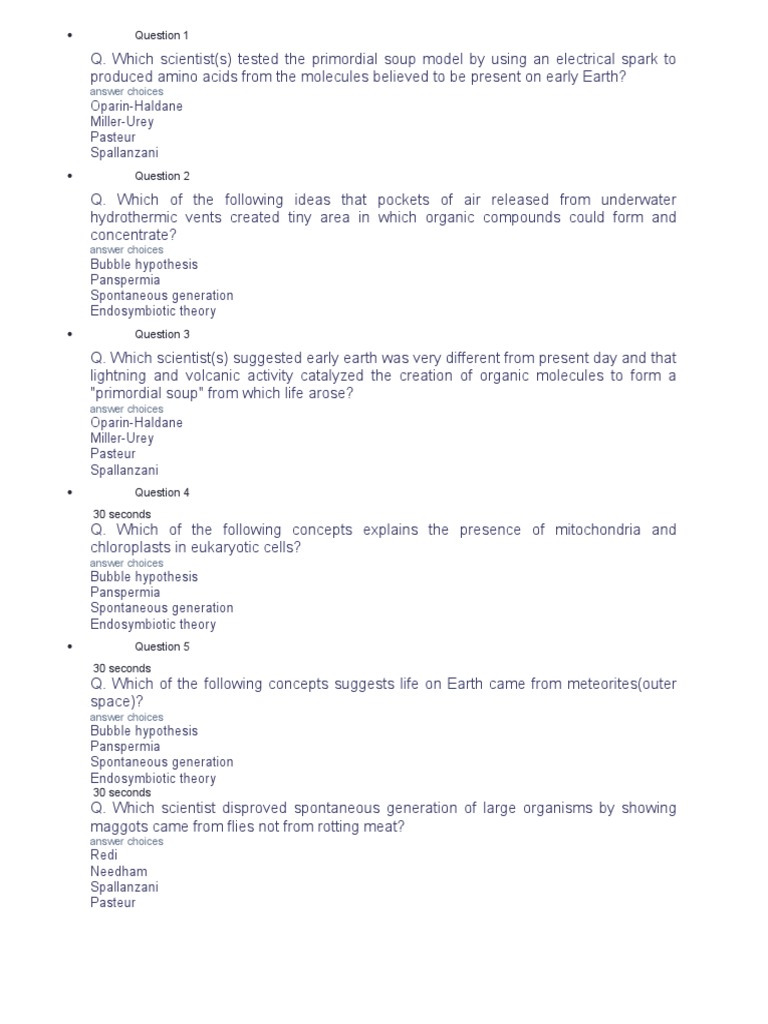Origin of Life Theory Quiz | PDF | Abiogenesis | Prokaryote