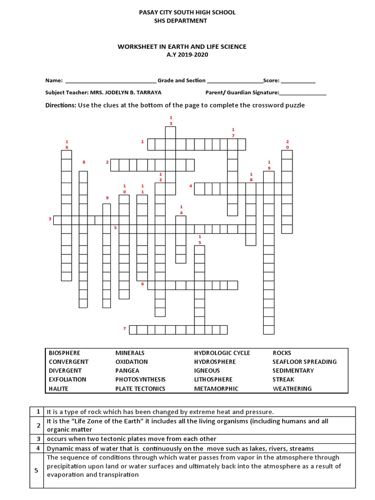 Earth and Life Science Crossword Worksheet | PDF | Plate Tectonics ...