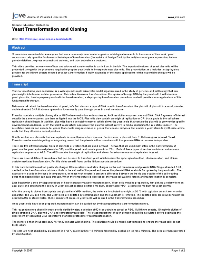 Yeast Transformation and Cloning | PDF | Transformation (Genetics ...