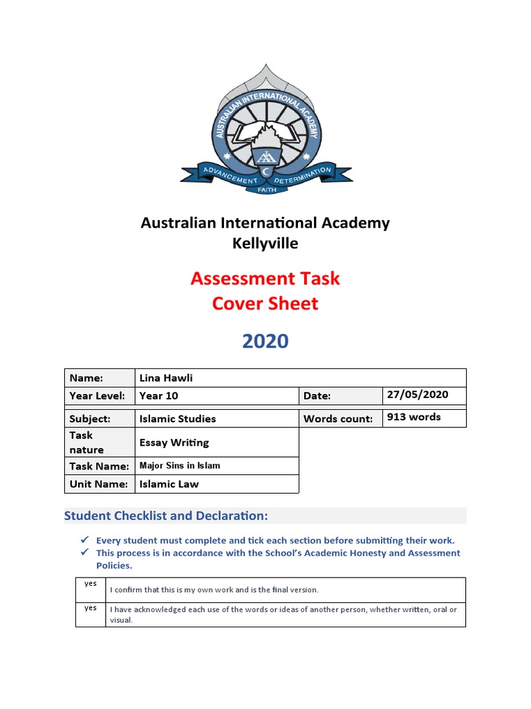 Assessment Task Cover Sheet: Australian International Academy ...