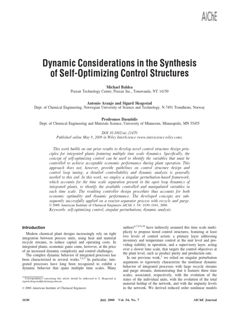 Dynamic Considerations in The Synthesis of Self-Optimizing Control Structures | PDF ...