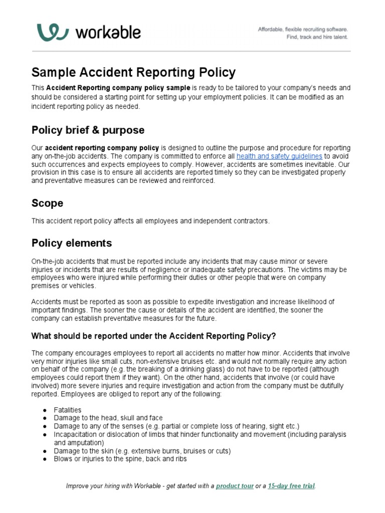 Sample Accident Reporting Policy | PDF | Negligence | Employment