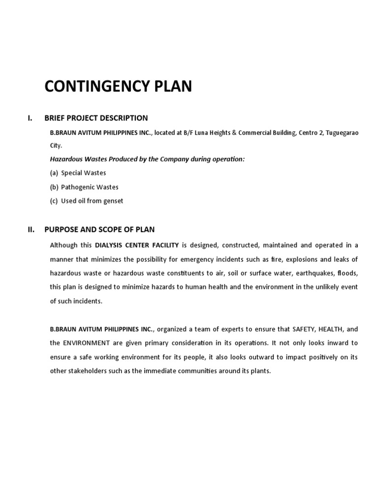 Contingency Plan: I. Brief Project Description | PDF | Emergency | Hazards