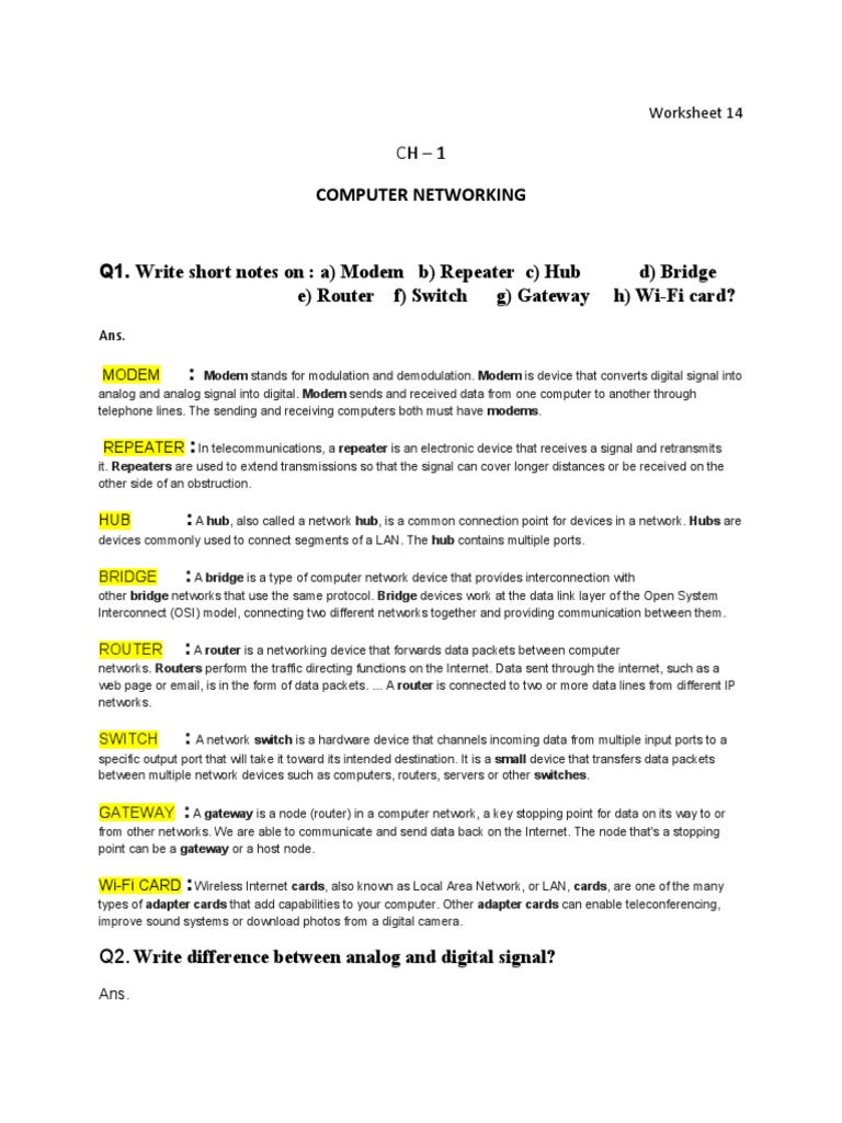 CH-1 Computer Networking Worksheet | PDF | Network Switch | Computer ...