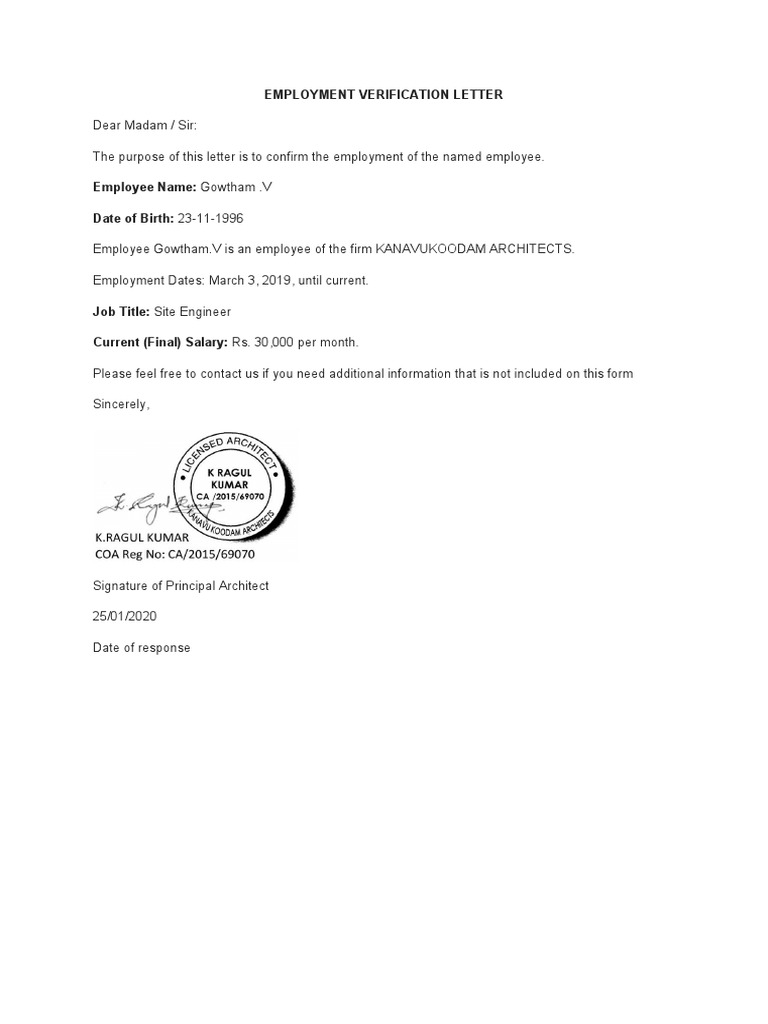 Employment Verification Letter Sample