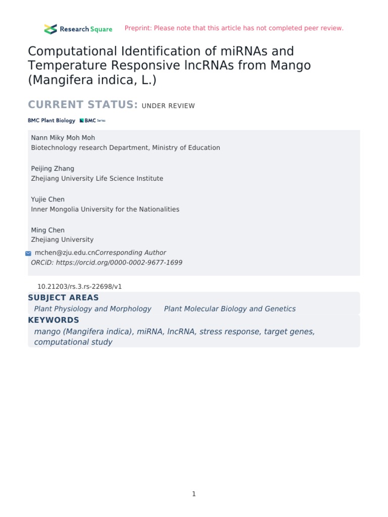 Computational Identification of miRNAs and Tempera PDF | PDF | Rna | Micro Rna