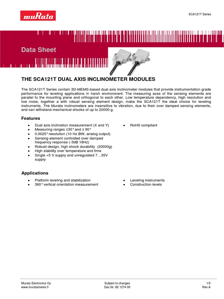 Data Sheet: The Sca121T Dual Axis Inclinometer Modules | PDF | Temperature | Electronics