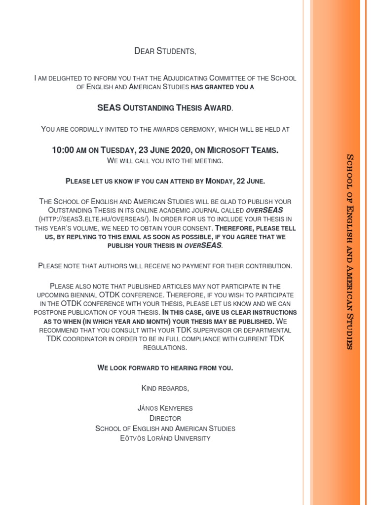 Invitation To Outstanding Thesis Award Ceremony and Publication in ...