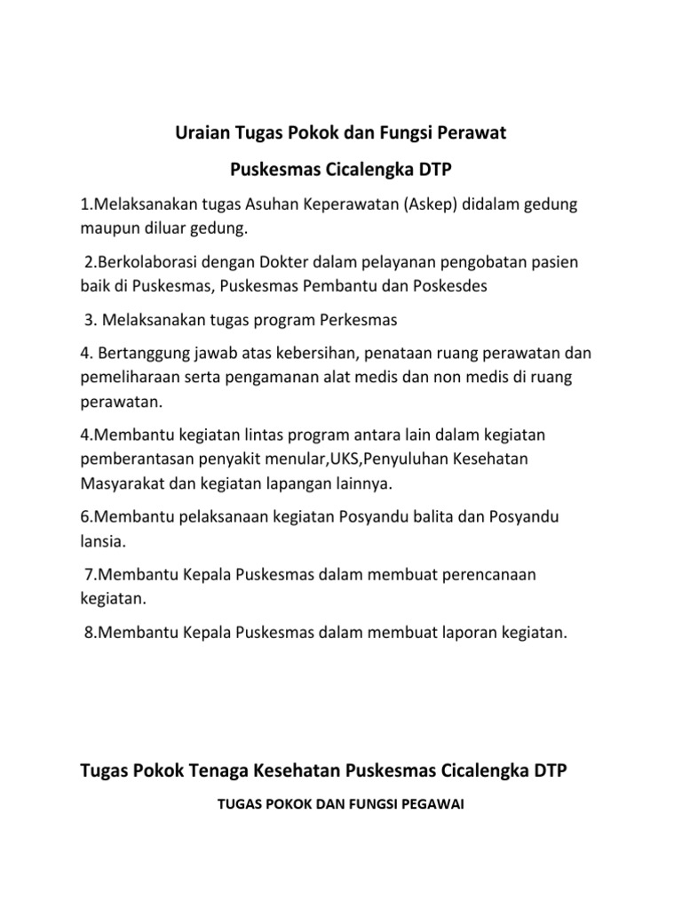 Uraian Tugas Pokok Dan Fungsi Perawat Puskesmas Cicalengka DTP | PDF