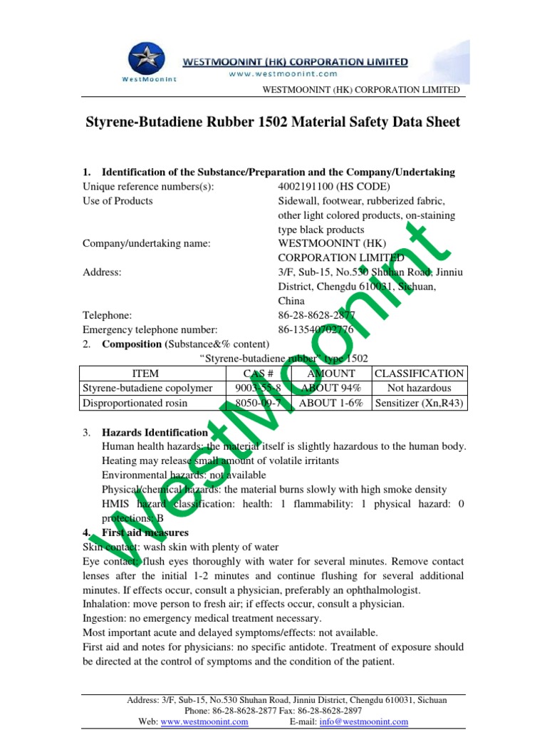 Styrene-Butadiene Rubber Safety Data | PDF | Dangerous Goods | Combustion
