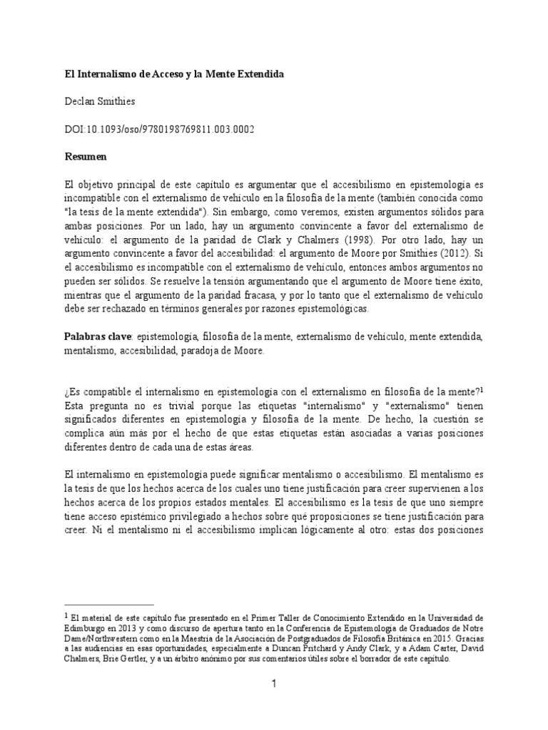 Declan Smithies - Ens El Internalismo de Acceso Y La Mente Extendida ...