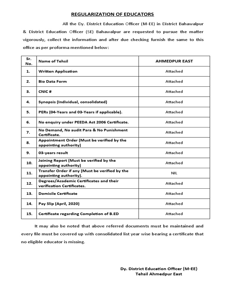 Regularization of Educators: Ahmedpur East | PDF