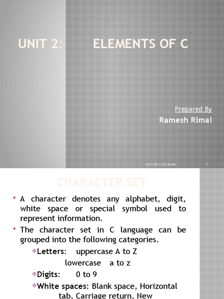Unit 2: Elements of C: Ramesh Rimal | PDF | Integer (Computer Science) | Data Type
