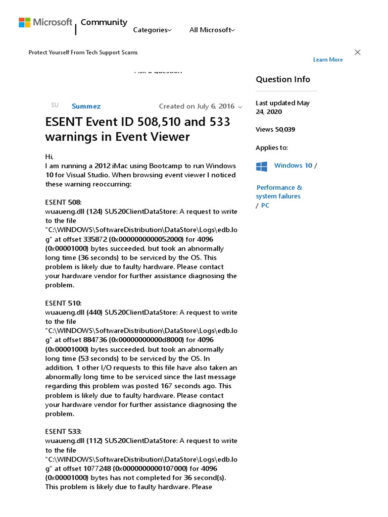 ESENT Event ID 508,510 and 533 Warnings in Event Viewer - Microsoft ...