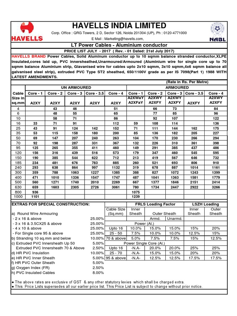 Havells India Limited: LT Power Cables - Aluminium Conductor | PDF ...