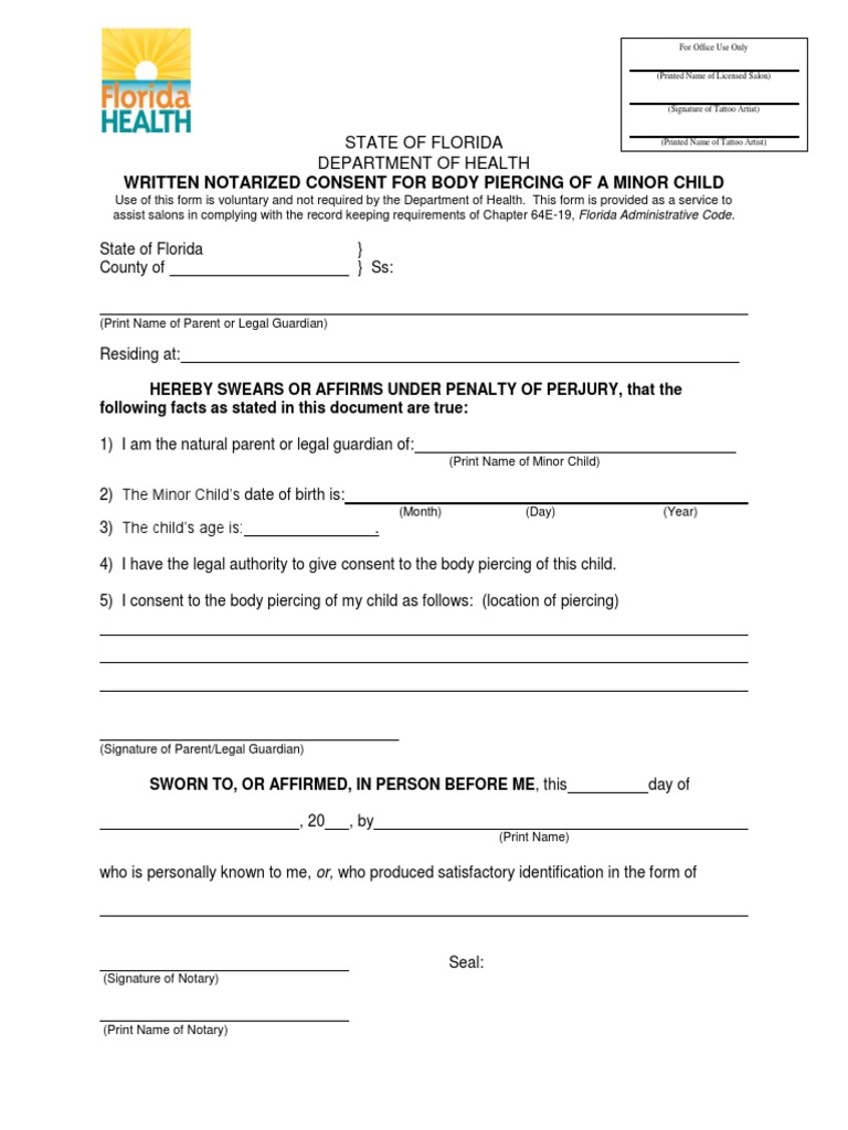 Minor Body Piercing Consent Form Florida | PDF