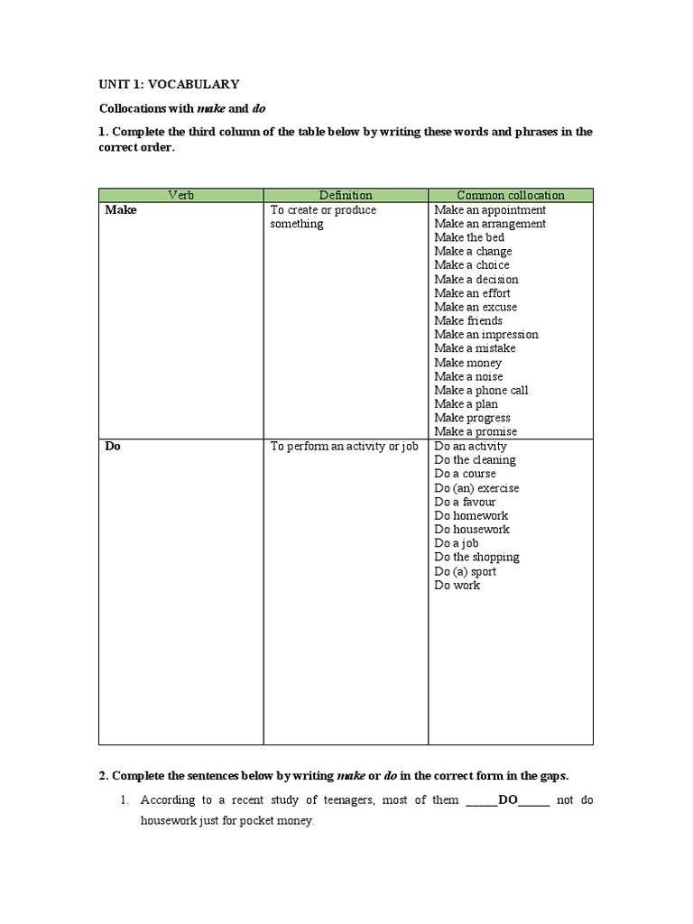 UNIT 1 - Collocations Make, Do - Sol | PDF | Grammar | Morphology
