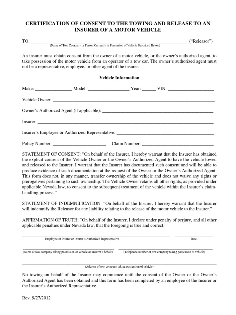 Certification of Consent To The Towing and Release To An Insurer of A ...