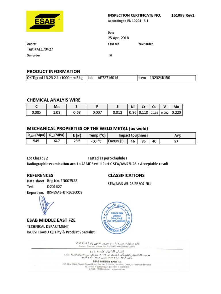 Product Information: Inspection Certificate No. 161095 Rev1 | PDF