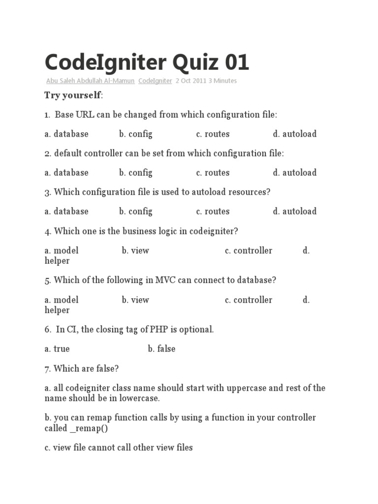 CodeIgniter Quiz 01 | PDF | Model–View–Controller | Computing