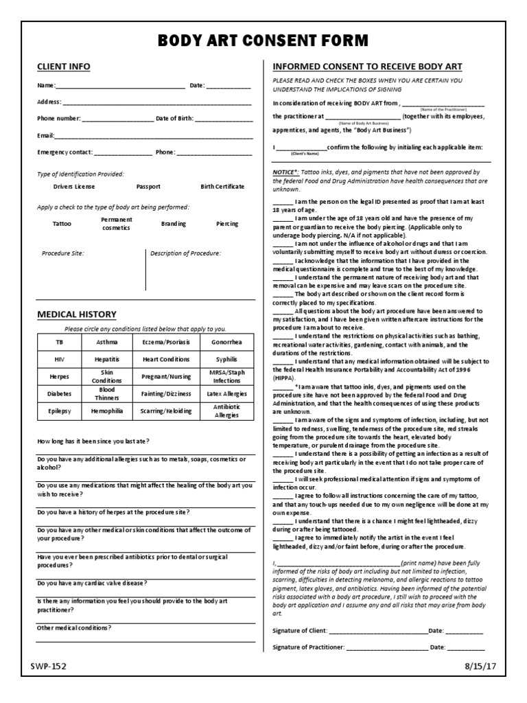 Client Info Informed Consent To Receive Body Art | PDF | Tattoo | Allergy