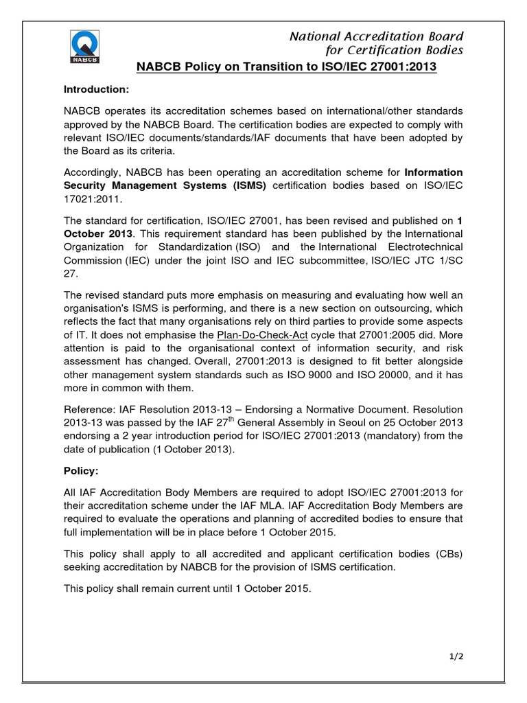 NABCB Policy On Transition To ISO/IEC 27001:2013: National Accreditation Board For Certification ...