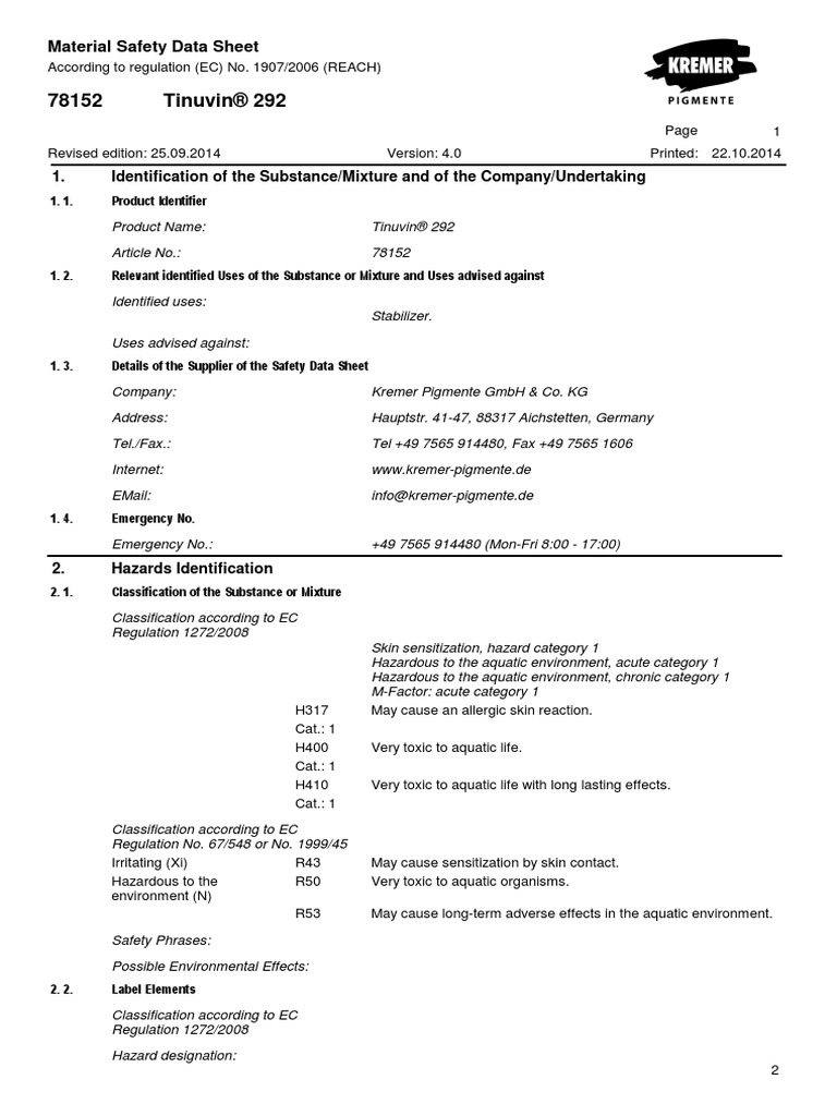 Tinuvin 292 | PDF | Toxicity | Dangerous Goods