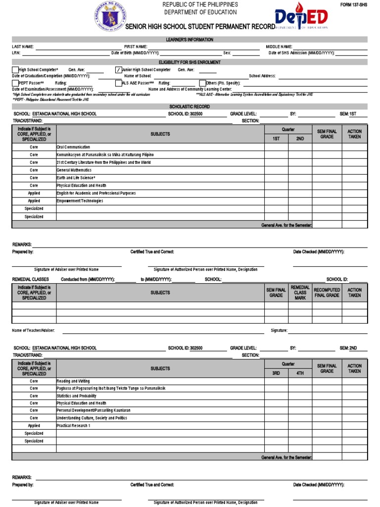 SHS Form 137 AMOLORIA | PDF | Schools | Middle Schools