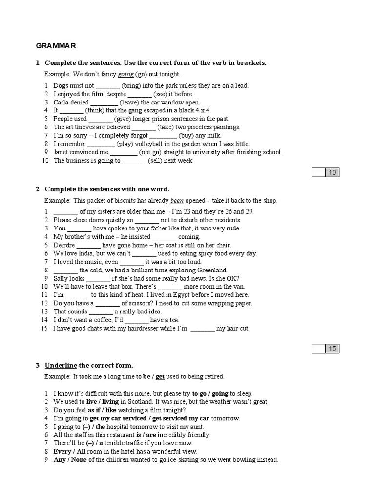 Grammar 1 Complete The Sentences. Use The Correct Form of The Verb in ...