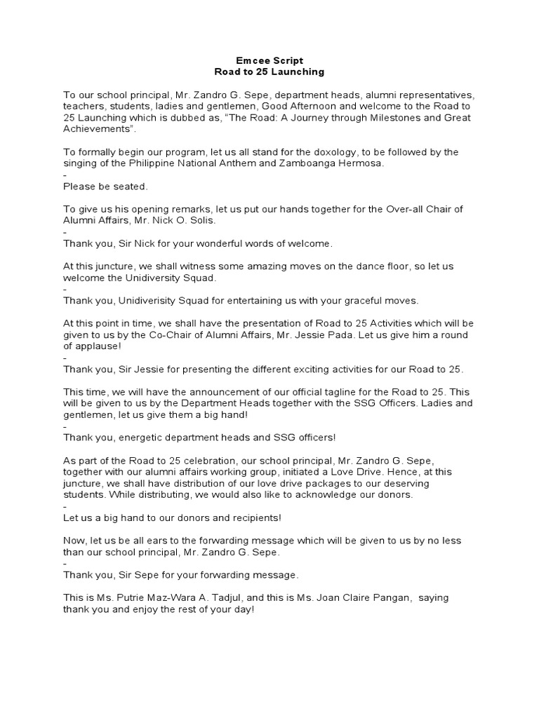 Emcee Script Road To 25 Launching | PDF