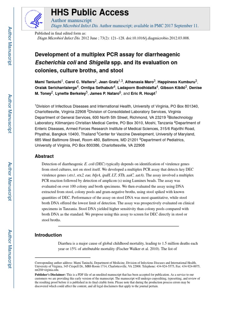 2012 - Development of MPCR For DEC and Shigella SPP and Its Evaluation ...