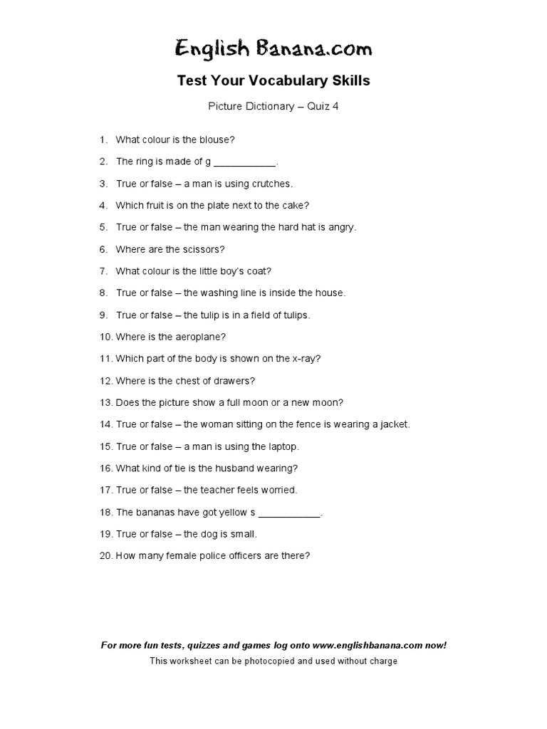 Test Your Vocabulary Skills: Picture Dictionary - Quiz 4 | PDF ...