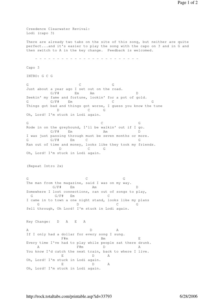 CCR - Lodi (Chords) PDF | PDF | Rock Music | Songs Written