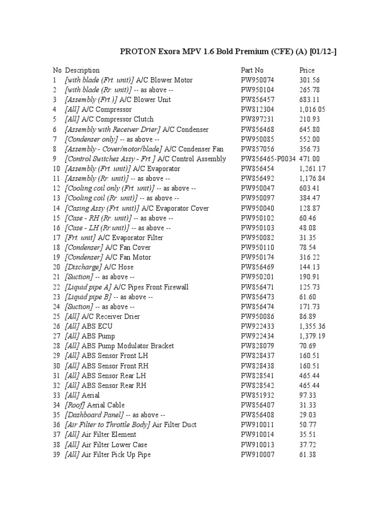 PROTON Exora MPV SpareParts | PDF | Trunk (Car) | Air Conditioning