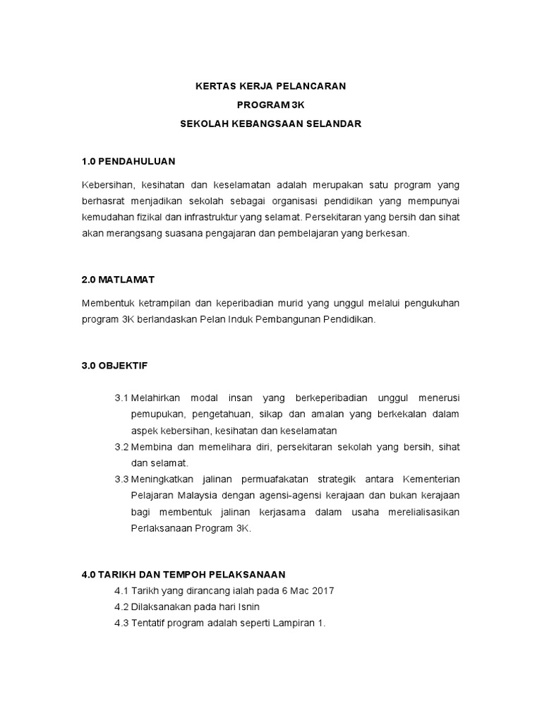 Kertas Kerja Pelancaran 3K | PDF